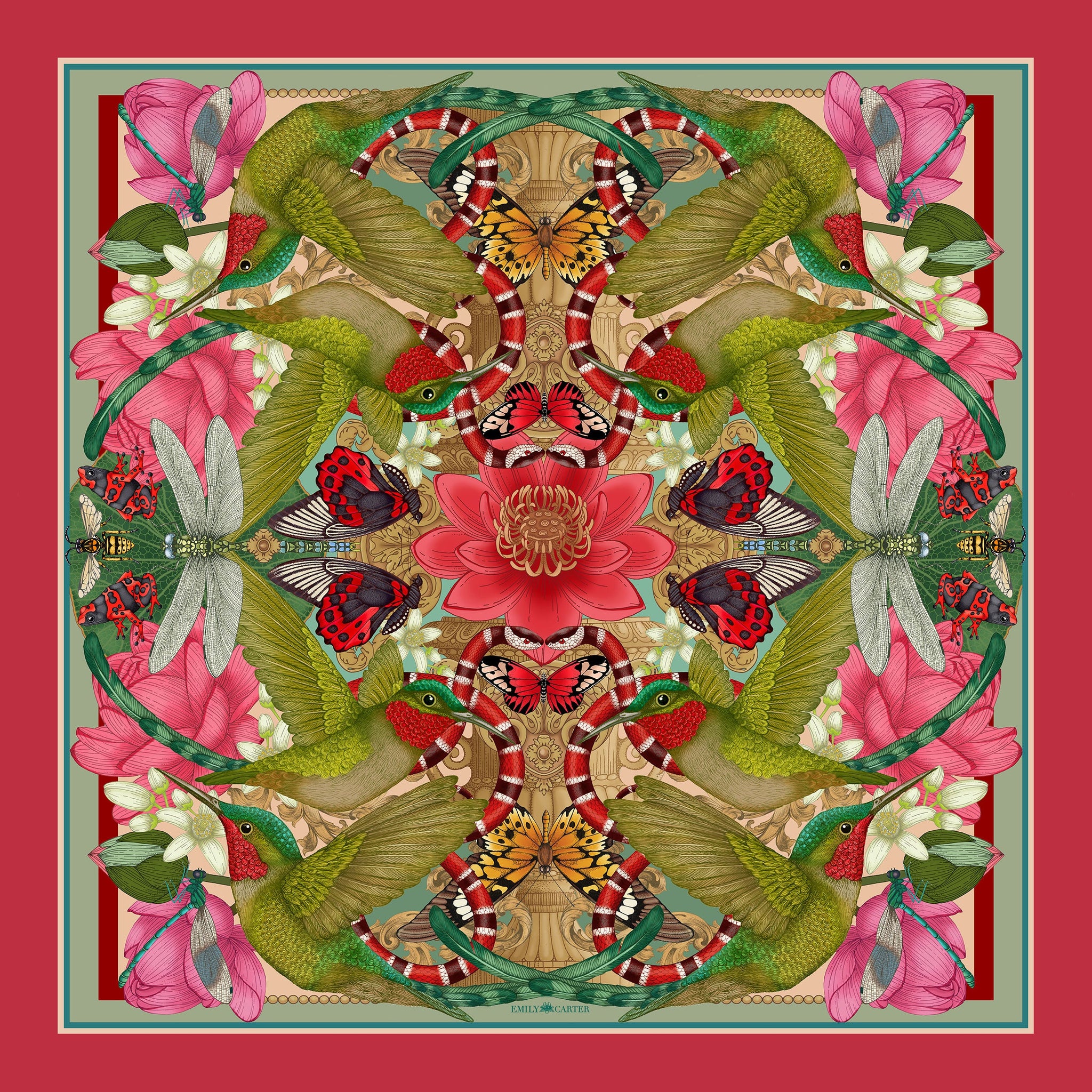 The Hummingbird & Lotus Silk Scarf | 65x65cm [Preorder]