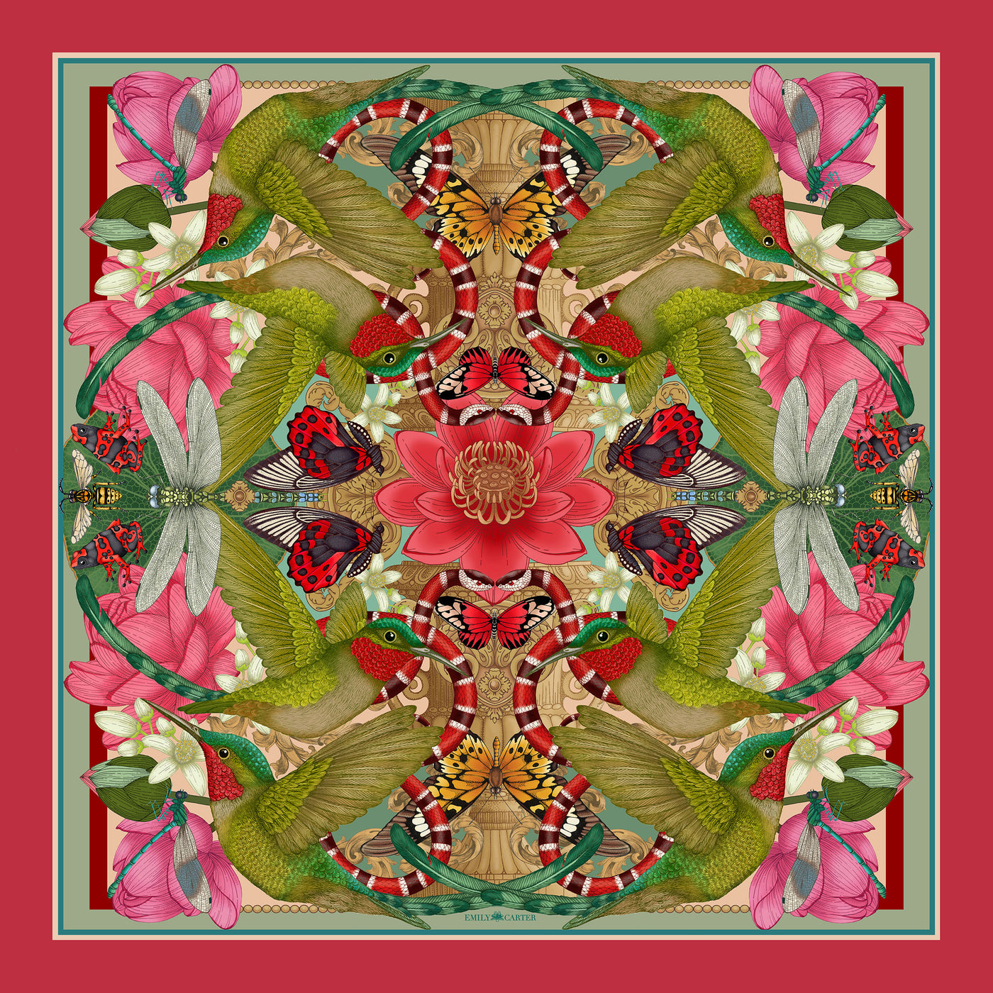 The Hummingbird & Lotus Silk Scarf | 90x90cm